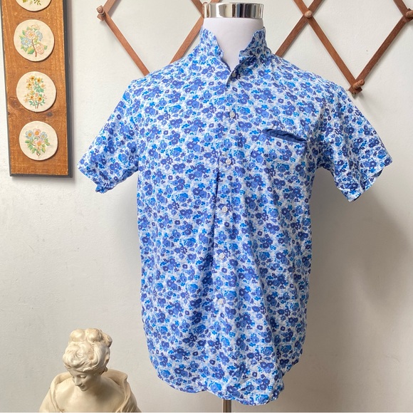 Vintage | Shirts | Vintage Mandarin Collar Blue Floral Button Up Shirt ...